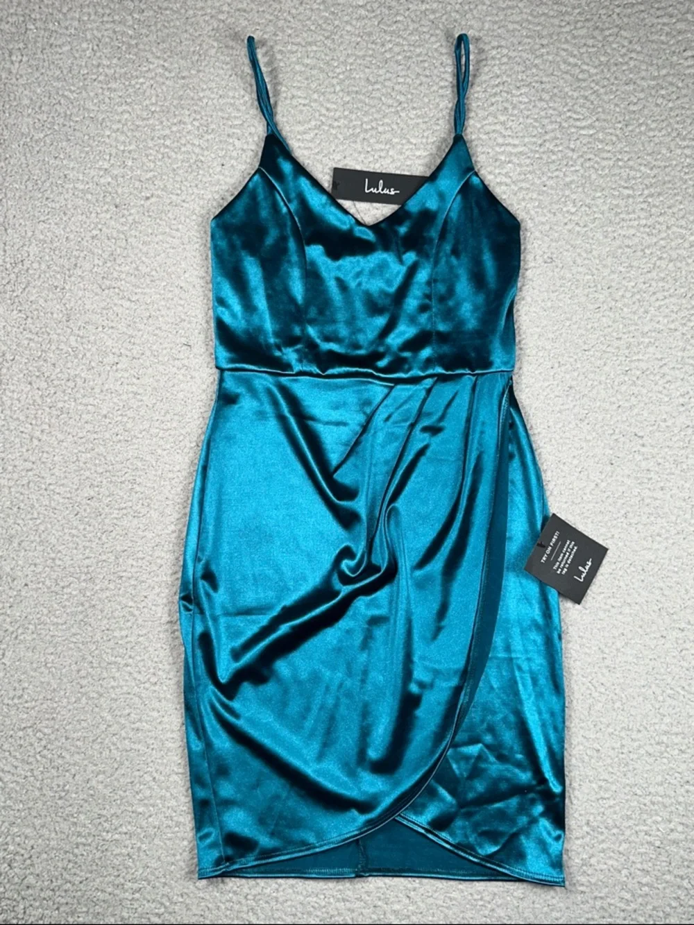 Lulus | Dresses | Nwt Lulus Get The Invite Teal Xs Satin Faux Wrap Mini ...